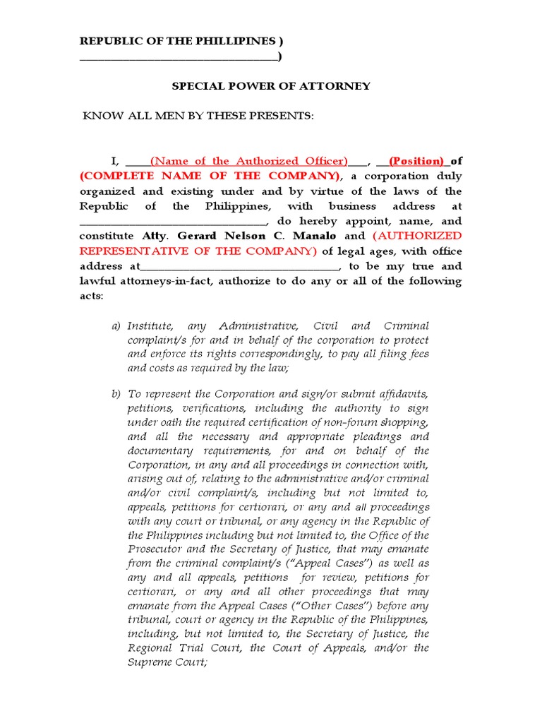 Special Power of Attorney Granting Legal Representation and Broad Authority in Administrative ...