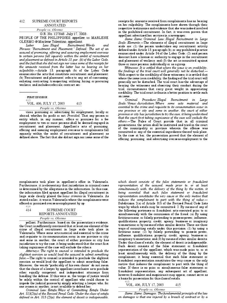 G.R. No. 127848. July 17, 2003. People of The Philippines vs. Marlene Olermo Marlene Tolentino ...