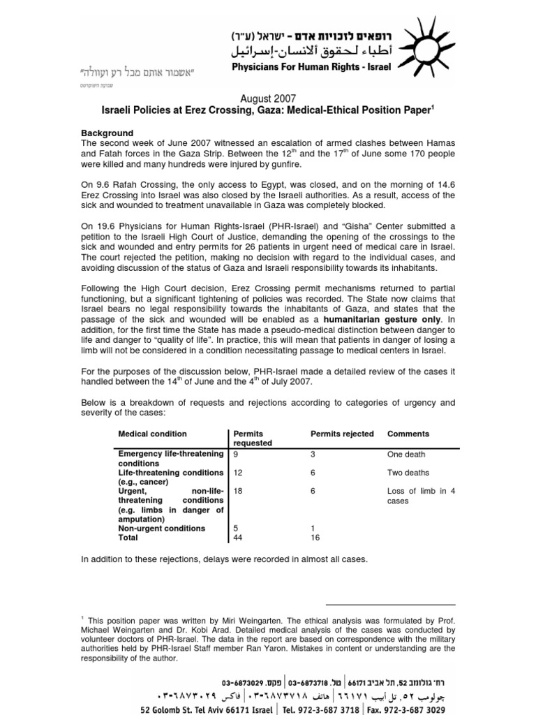 Physicians For Human Rights-Israel: Position Paper Israeli Policies at ...