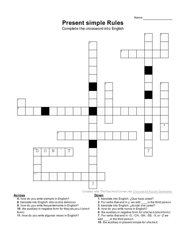 Crossword Present Simple Rules | PDF