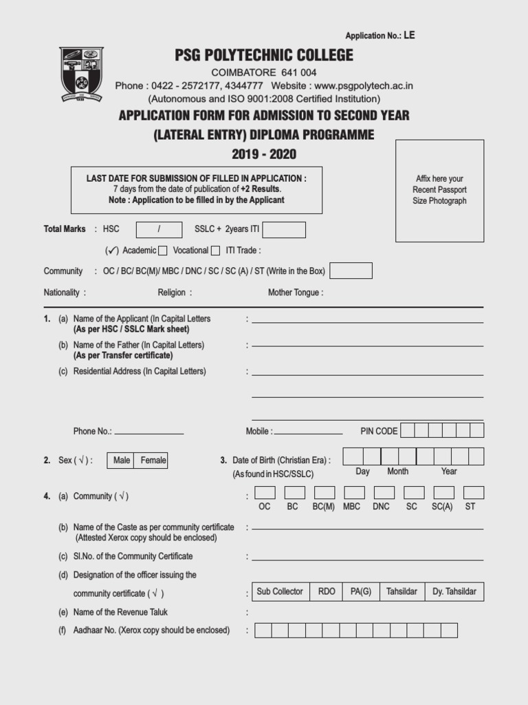 Lateral Entry Diploma Application-Lateral 2019-2020 | PDF | University ...