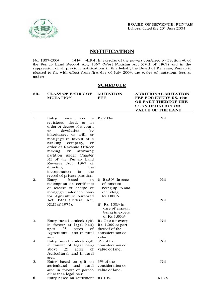 Notification: Board of Revenue, Punjab | Download Free PDF | Mortgage Law | Government
