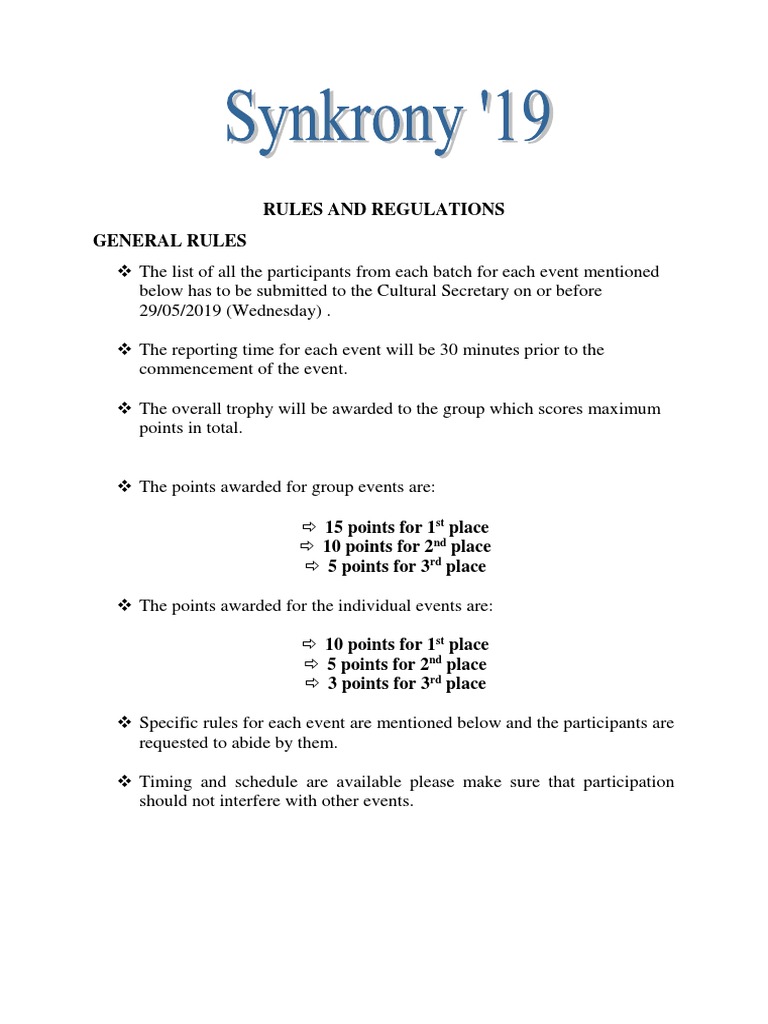 Rules and Regulations General Rules: ST ND RD | PDF | Art Media | Leisure