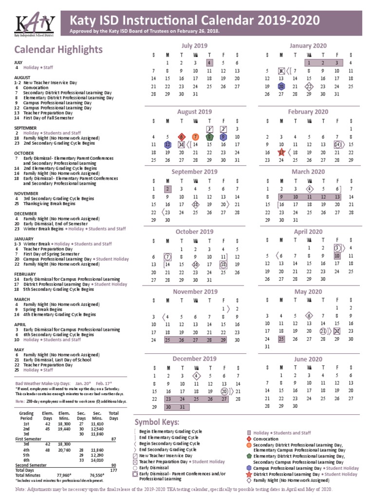 Katy ISD Instructional Calendar 2019-2020 | PDF | Academic Term | Homework