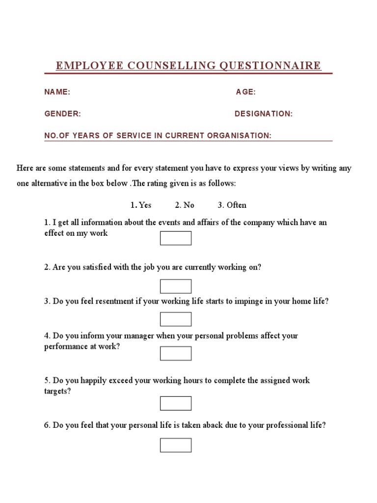 Employee Counselling Questionnaire | PDF | Occupational Stress ...