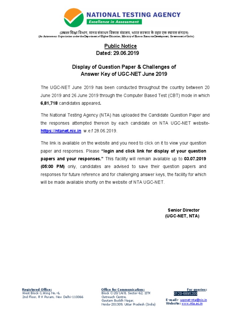 Public Notice Dated: 29.06.2019 Display of Question Paper & Challenges ...