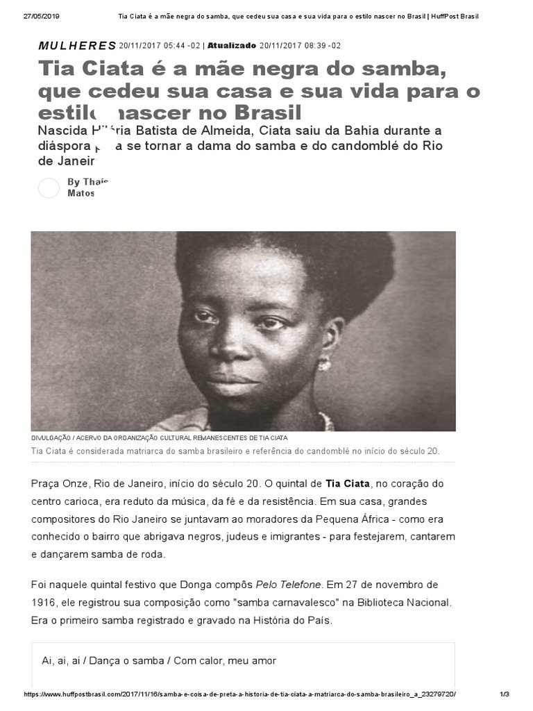 Tia Ciata É A Mãe Negra Do Samba, Que Cedeu Sua Casa e Sua Vida para o Estilo Nascer No Brasil ...