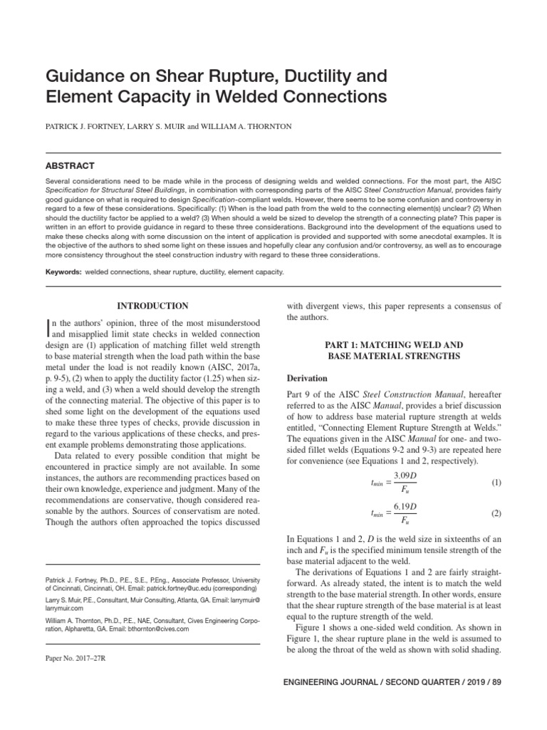 Guidance On Shear Rupture, Ducility and Element Capacity in Welded ...