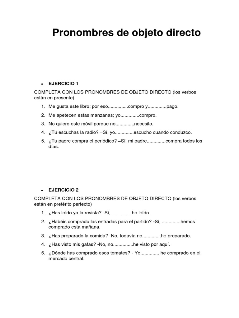 Pronombres de Objeto Directo Ejercicios | PDF | Artes del Lenguaje y ...