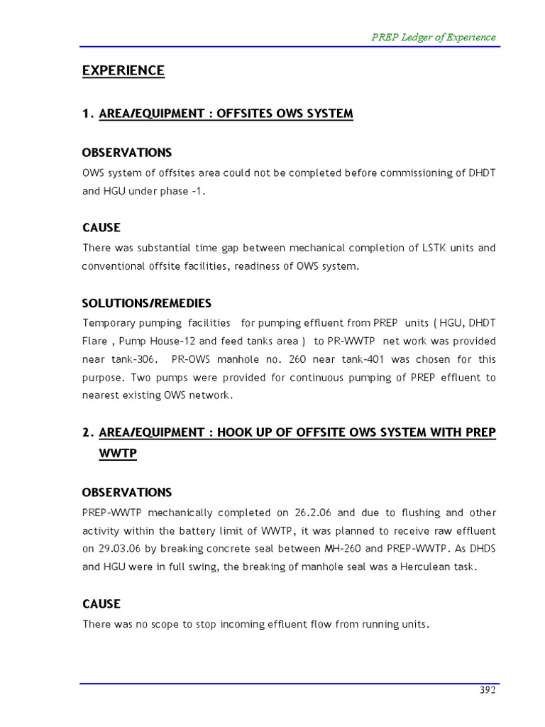 Experience: 1. Area/Equipment: Offsites Ows System Observations | PDF ...