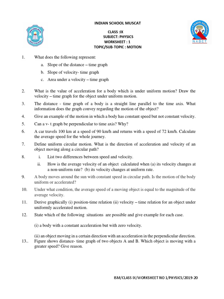 Class Ix Physics Worksheet 1 Motion 2019-20 | PDF | Velocity | Acceleration