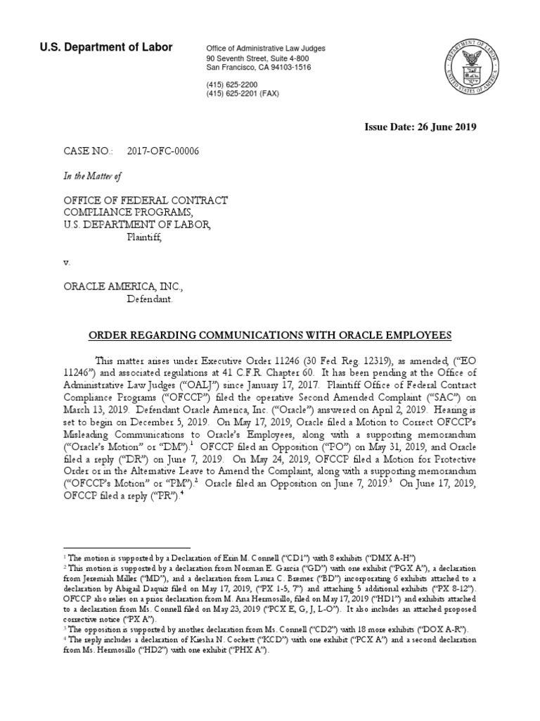 Oracle Vs Department of Labor Case, Judge Richard Clark Order (June 26 ...