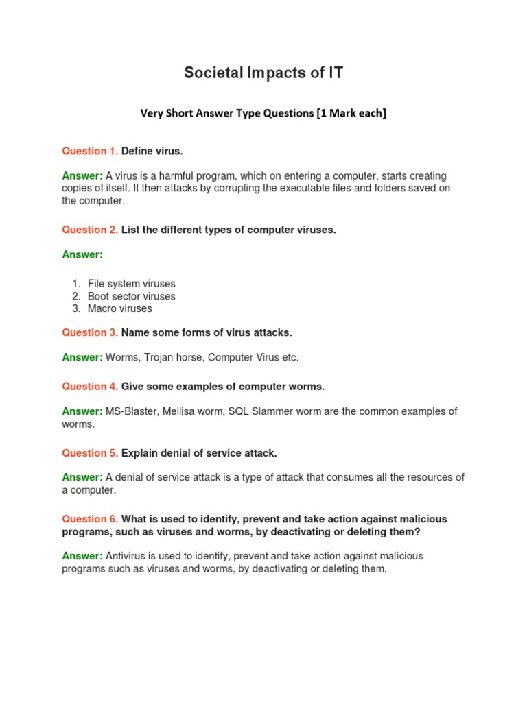 Societal Impacts of IT: Very Short Answer Type Questions (1 Mark Each ...