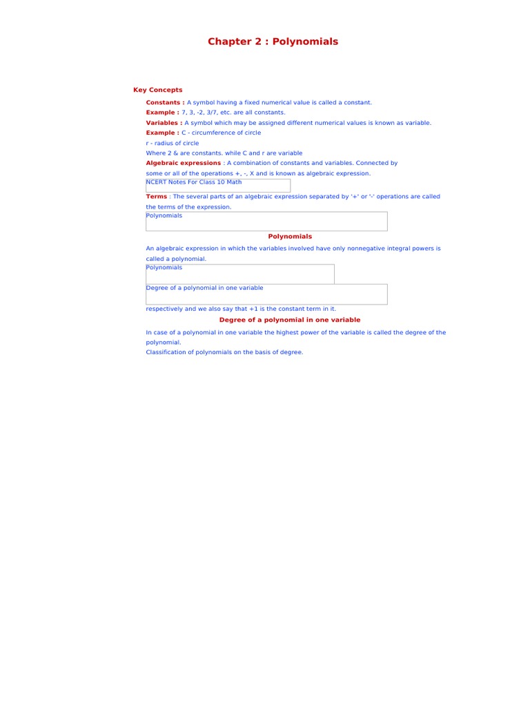 Chapter 2: Polynomials: Key Concepts Constants: Example: Variables ...