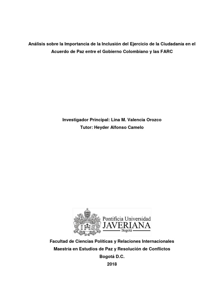 Trabajo de Grado - Lina M Valencia - Estudios de Paz | PDF | Colombia ...