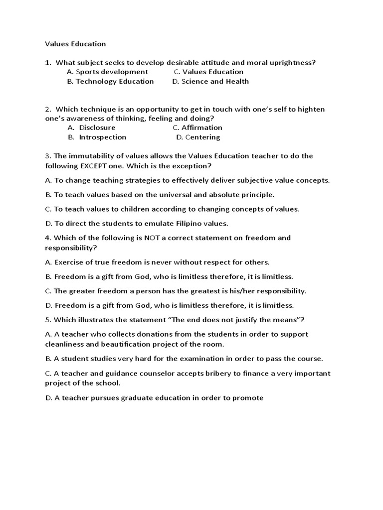 Values Education Questions | PDF | Id | Value (Ethics)