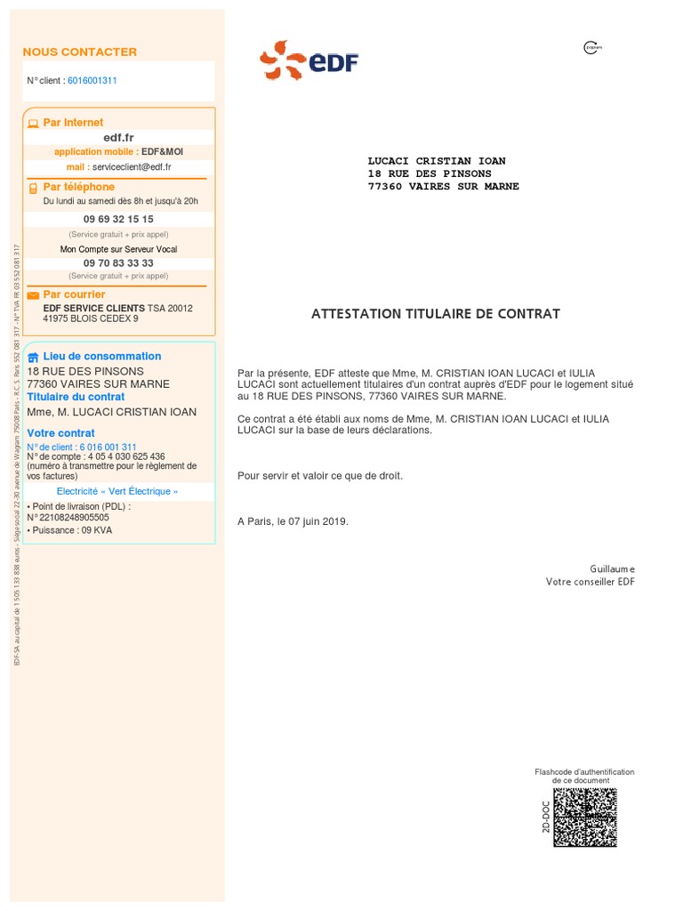 Attestation Titulaire de Contrat EDF | PDF | Informatique et ...