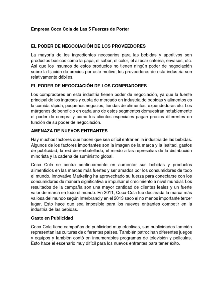 Empresa Coca Cola de Las 5 Fuerzas de Porter | PDF | Coca Cola | Al por ...
