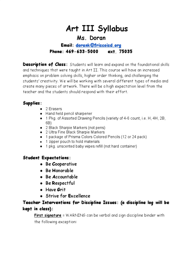 Art III Syllabus | PDF | Homework | Teachers