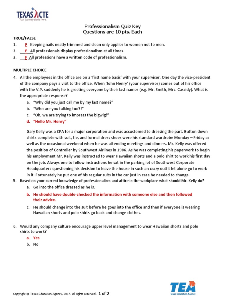 Professionalism Quiz Key Questions Are 10 Pts. Each True/False | PDF ...