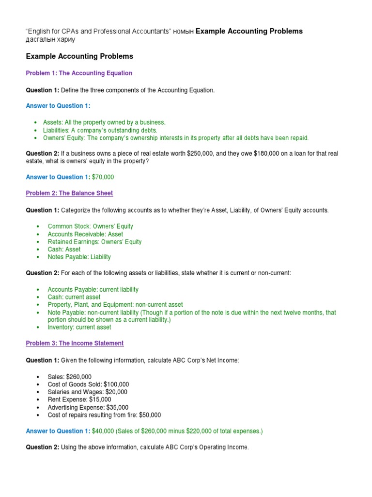 Example Accounting Problems - Solutions | PDF | Net Income | Expense