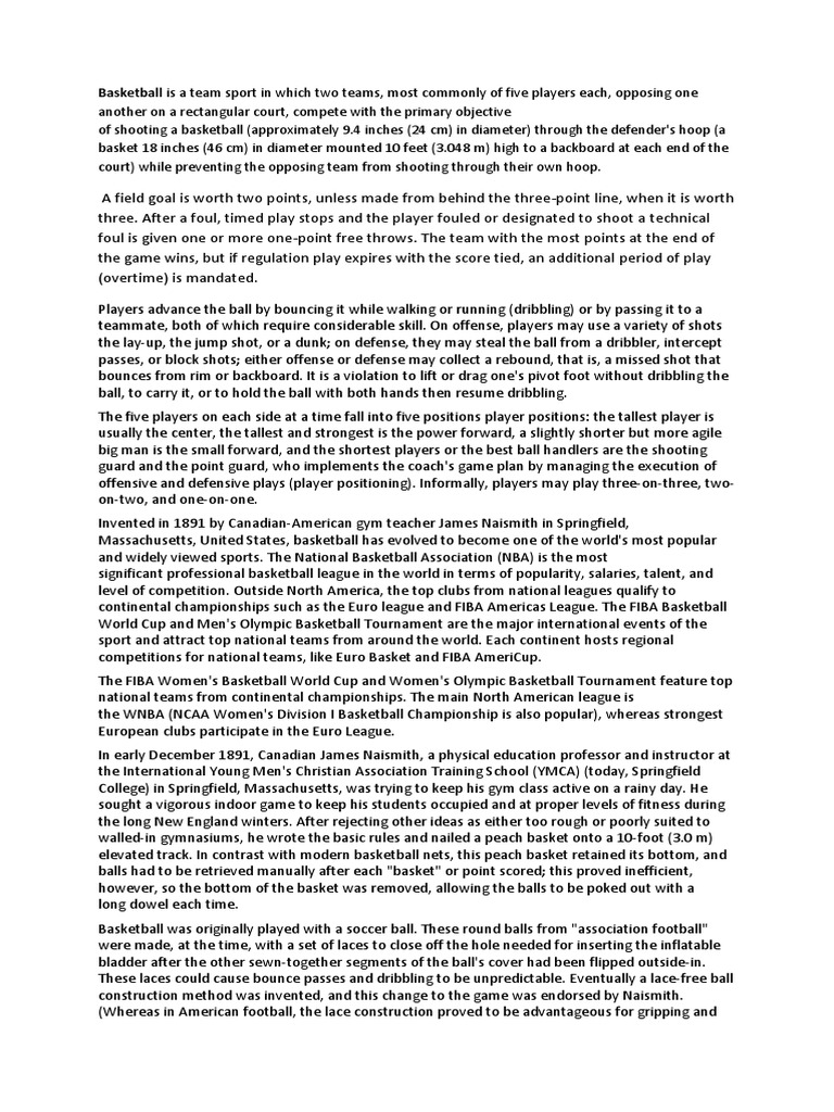 Basketball Is A Team Sport in Which Two Teams, Most Commonly of Five ...