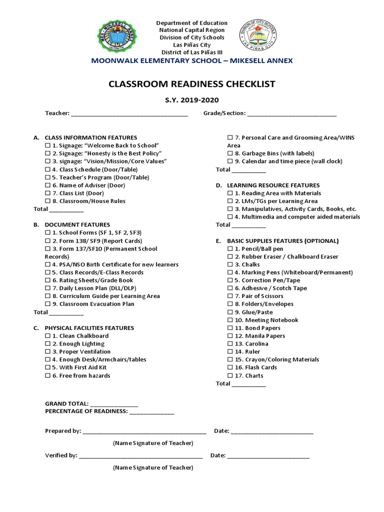 Classroom Readiness Checklist 2019-2020 | PDF | Adhesive | Classroom