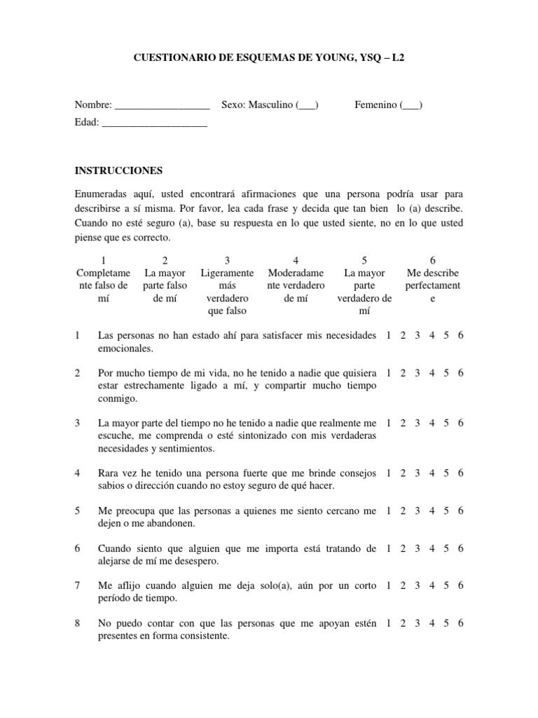 Cuestionario de Esquemas de Young | Psicología clínica | Las emociones