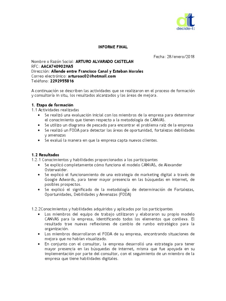 Reporte Final de Consultoria | PDF | Análisis FODA | Presupuesto