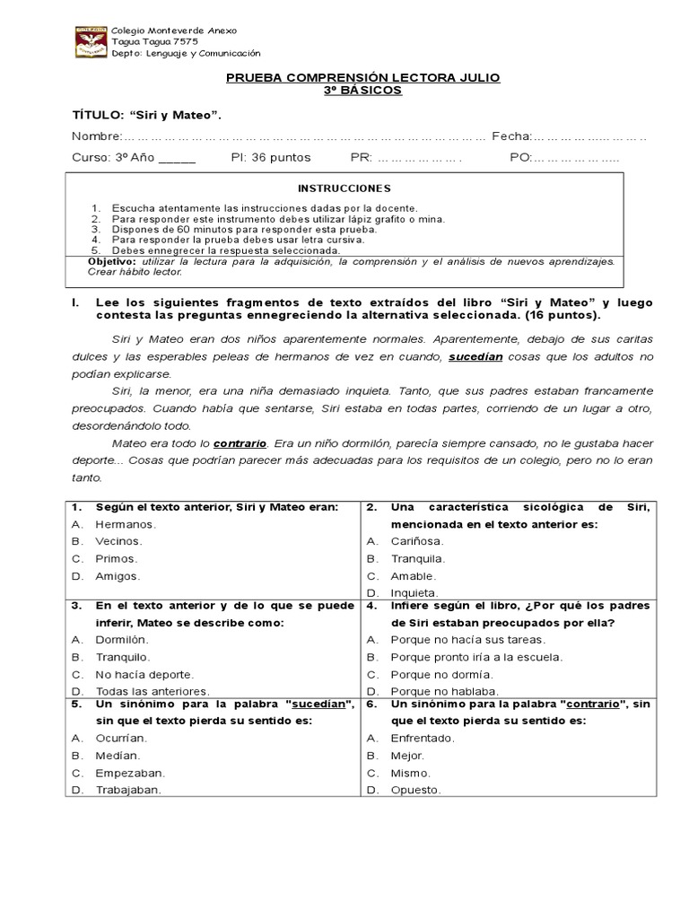 Prueba Libro Siri y Mateo 3° Básicos | PDF | Siri | Gatos