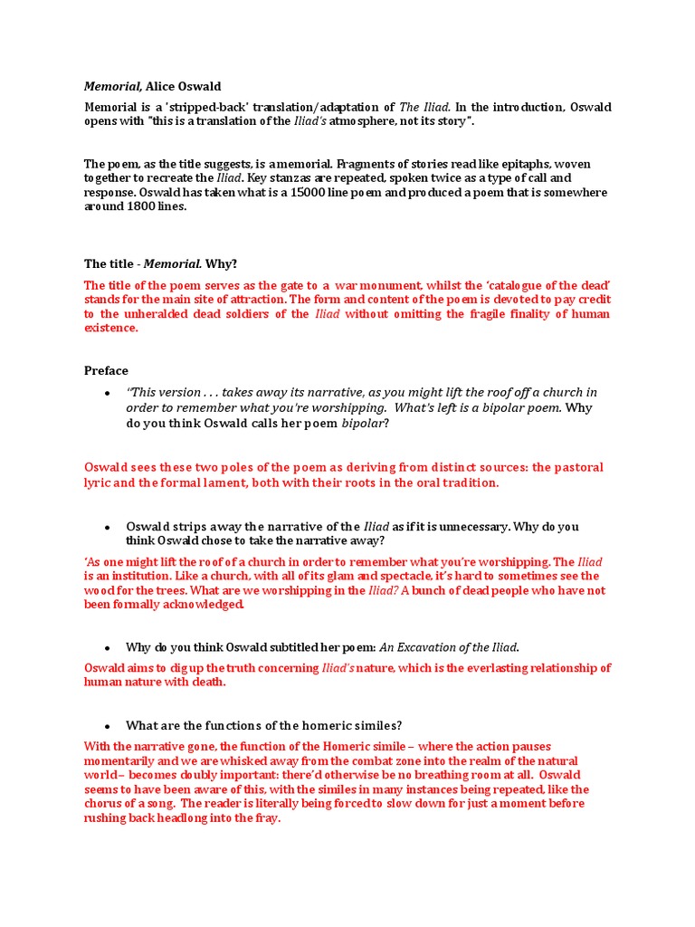 Memorial - Teacher's Notes | PDF | Iliad | Poetry