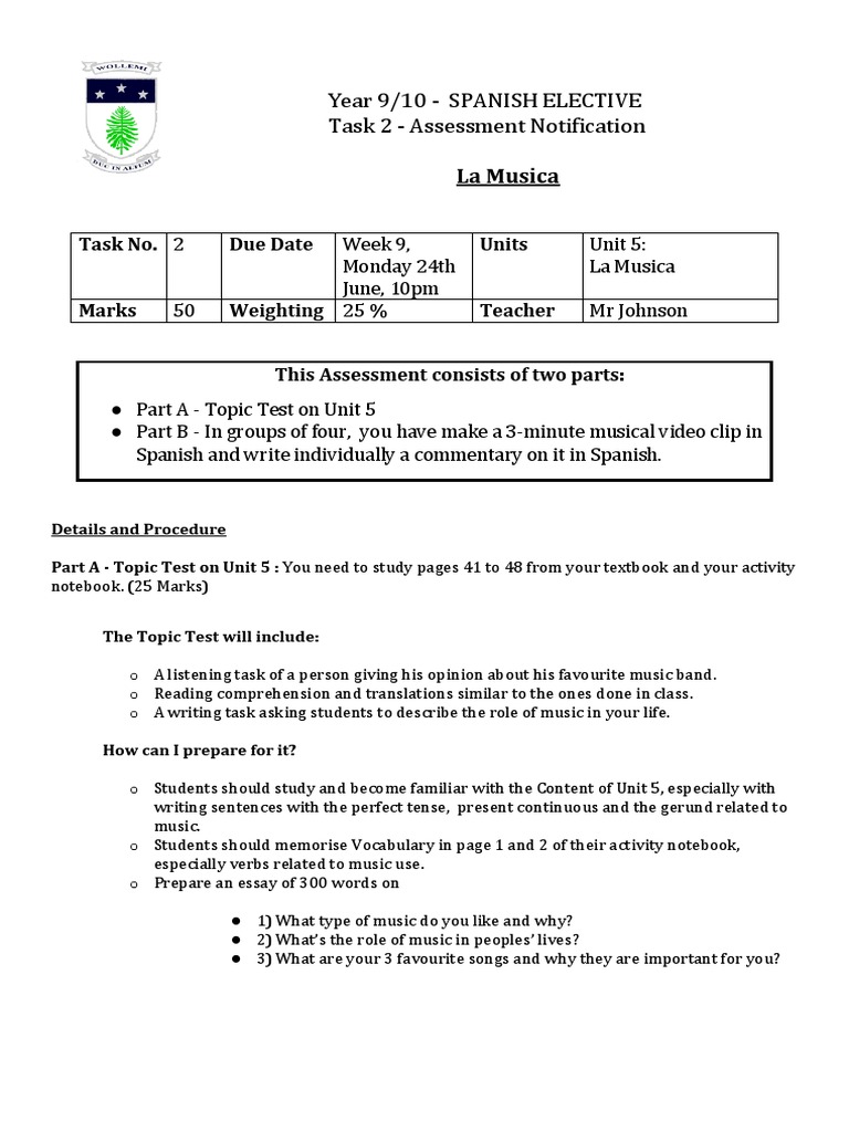 Year 9 10 Spanish Assessment Notice Task 2 | PDF | Reading ...