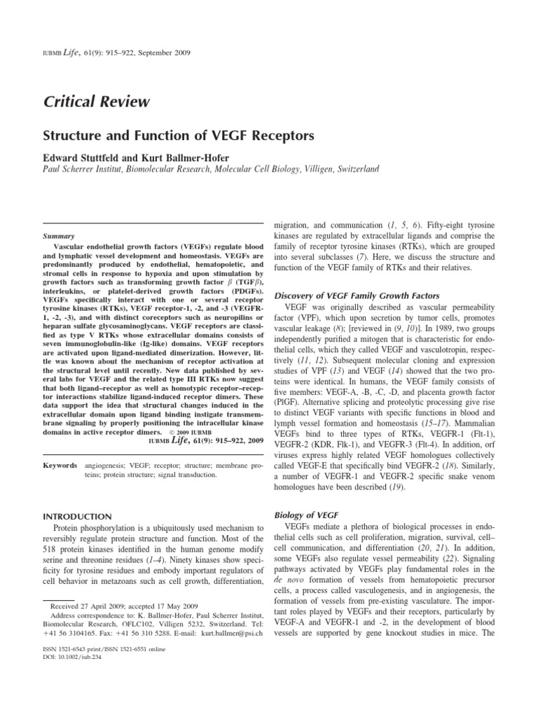 Critical Review: Structure and Function of VEGF Receptors | PDF ...