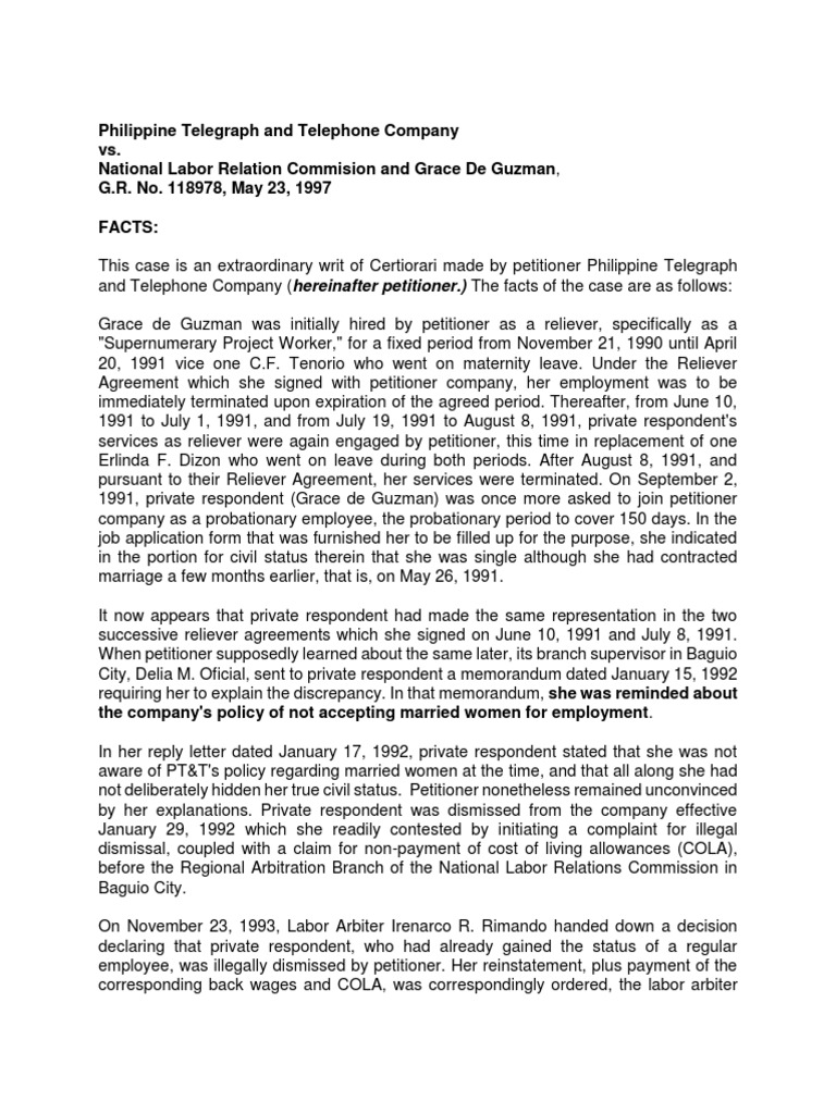 Philippine Telegraph and Telephone Company vs. NLRC (Case DIgest) | PDF ...
