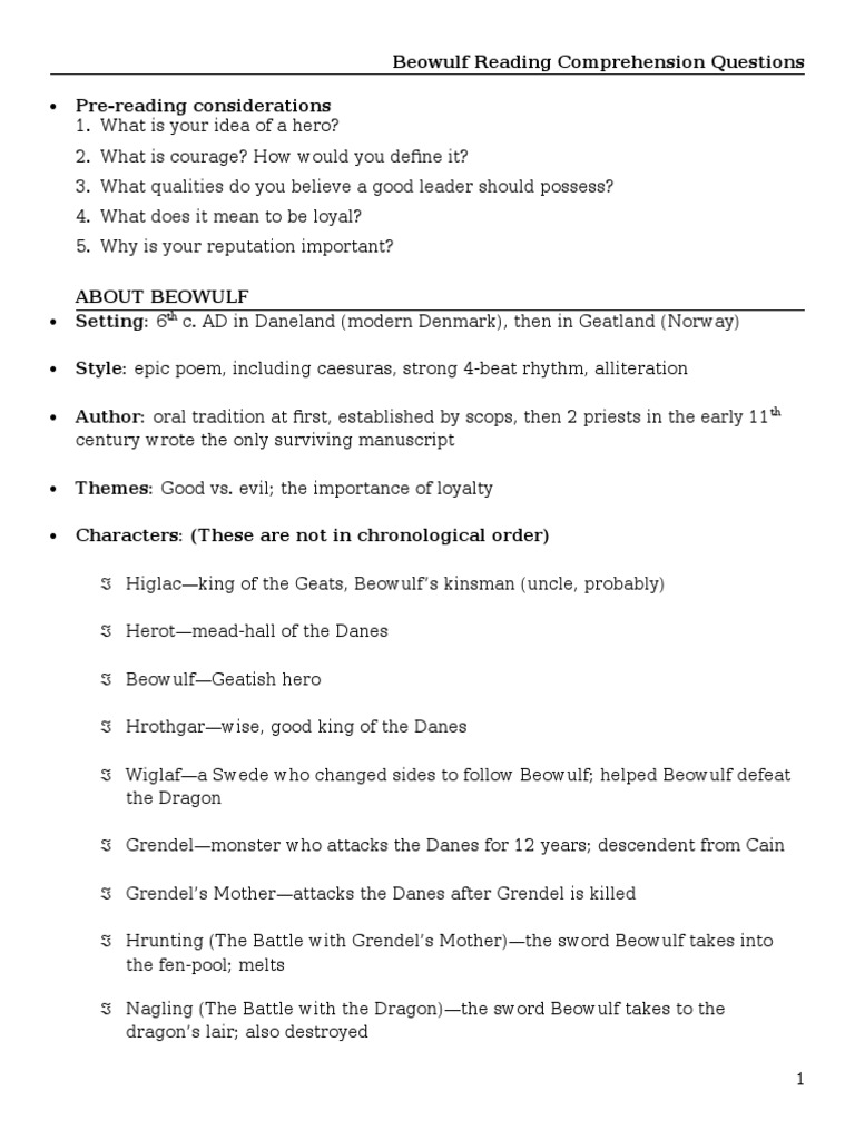 Beowulf Reading Comp Answers | PDF | Beowulf | Geats
