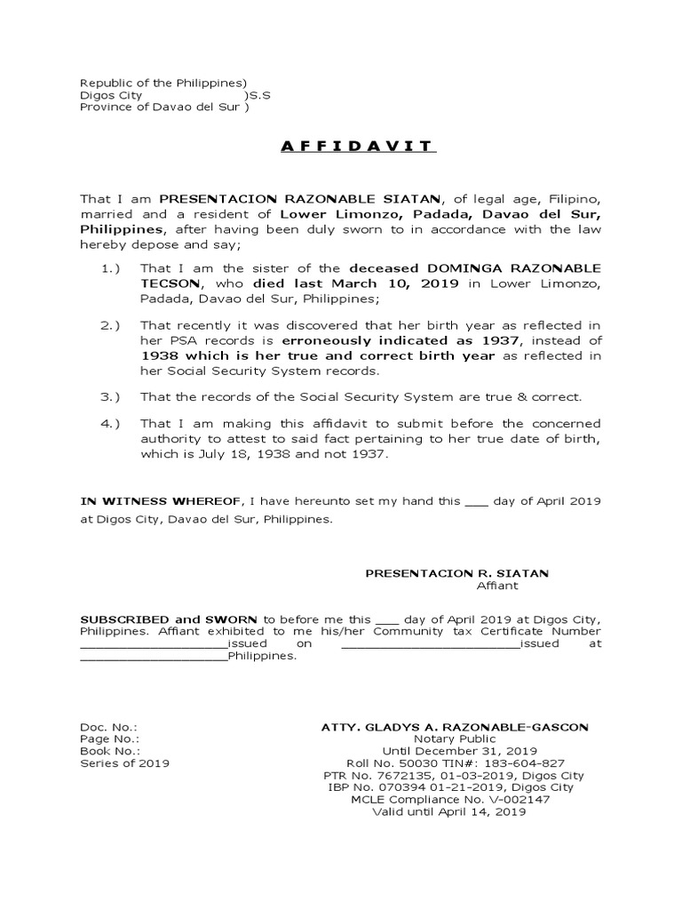 Affidavit Correcting Birth Year | PDF | Politics