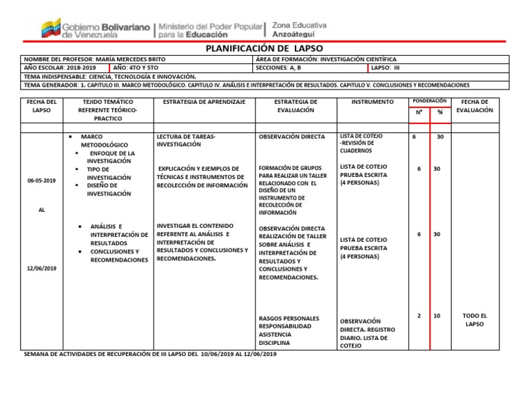 Planificación de Lapso Grupo 3er Lapso | PDF | Evaluación | Science