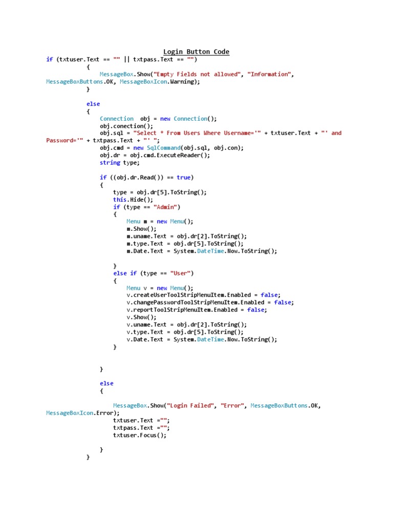 Messagebox Messageboxbuttons Messageboxicon: Login Button Code | PDF ...