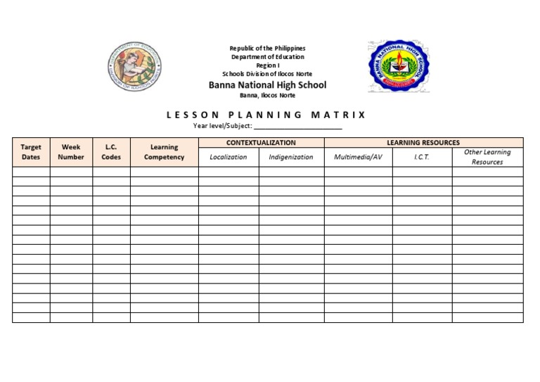 Banna National High School Lesson Planning Matrix: Year Level/subject | PDF