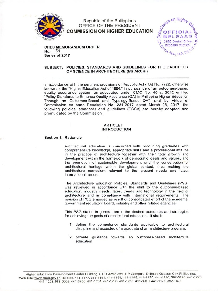 CHED Memorandum Order No. 61 Series of 2017 Policies, Standards, and ...