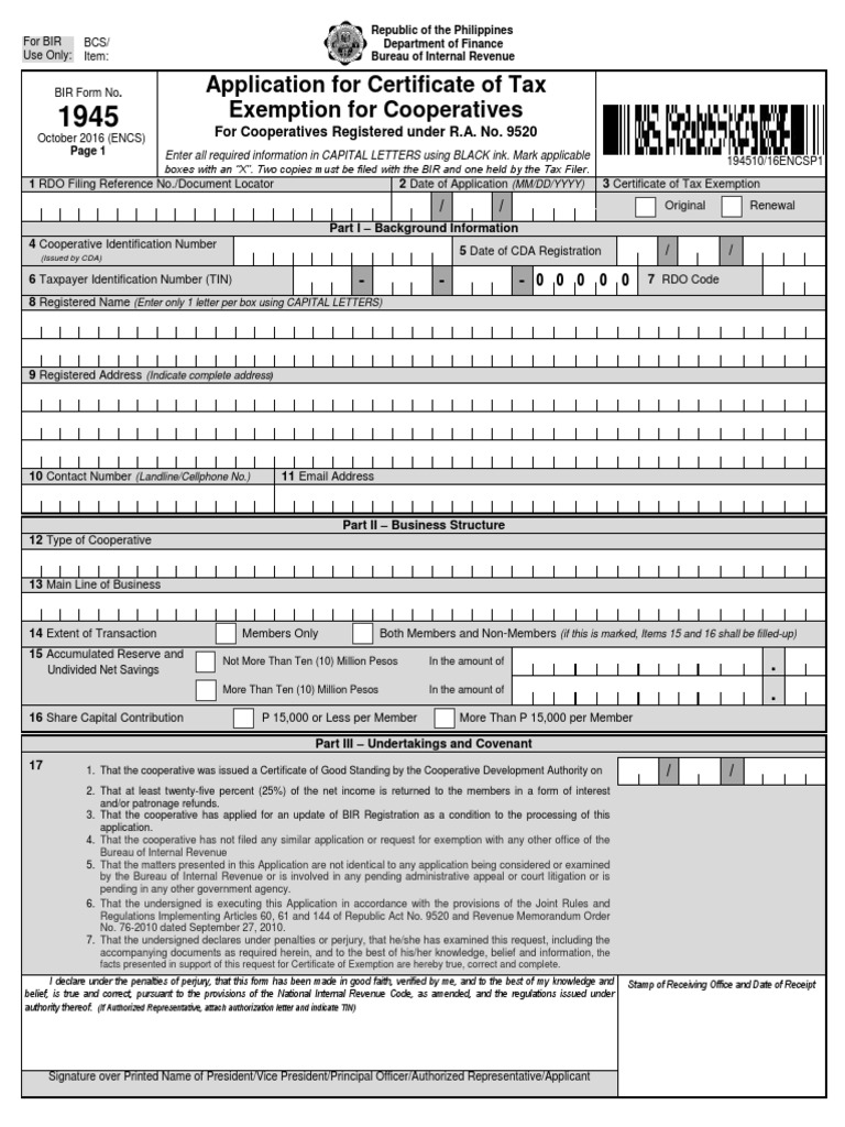 BIR Form 1945: Tax Exemption for Cooperatives | PDF | Internal Revenue ...