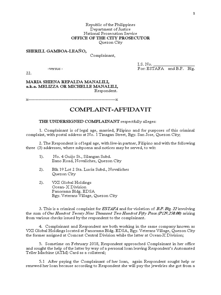 Complaint For Estafa and BP 22 | PDF | Fraud | Cheque