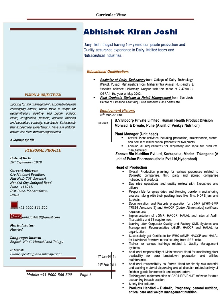 Abhishek Joshi CV Updated | PDF | Yogurt | Hazard Analysis And Critical Control Points