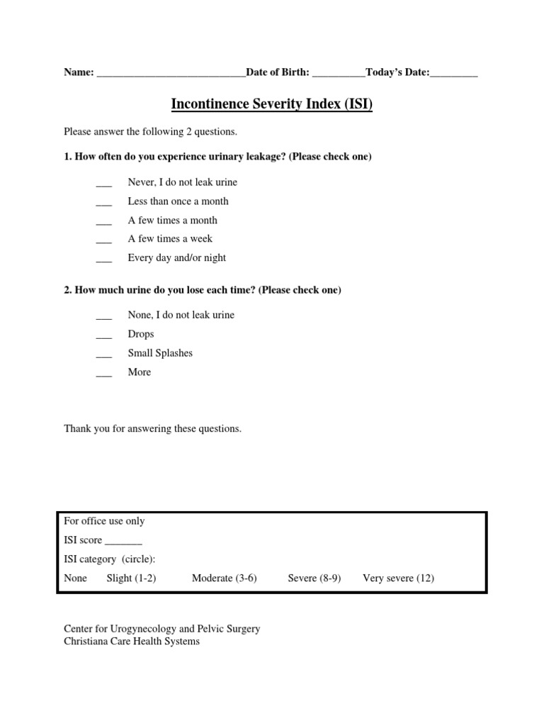 Incontinence Severity Index Questionnaire | PDF | Wellness