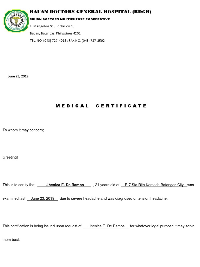 Medical Certificate | PDF