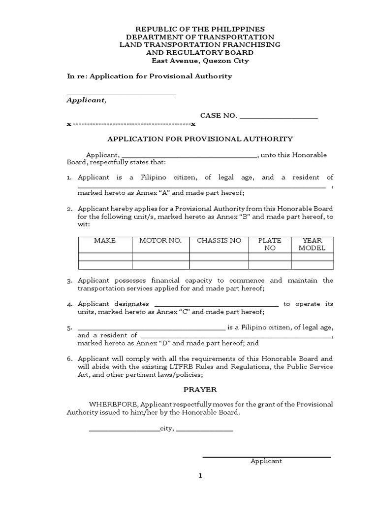 Application For Provisional Authority - LTFRB TNVS | PDF | Public Law | Common Law