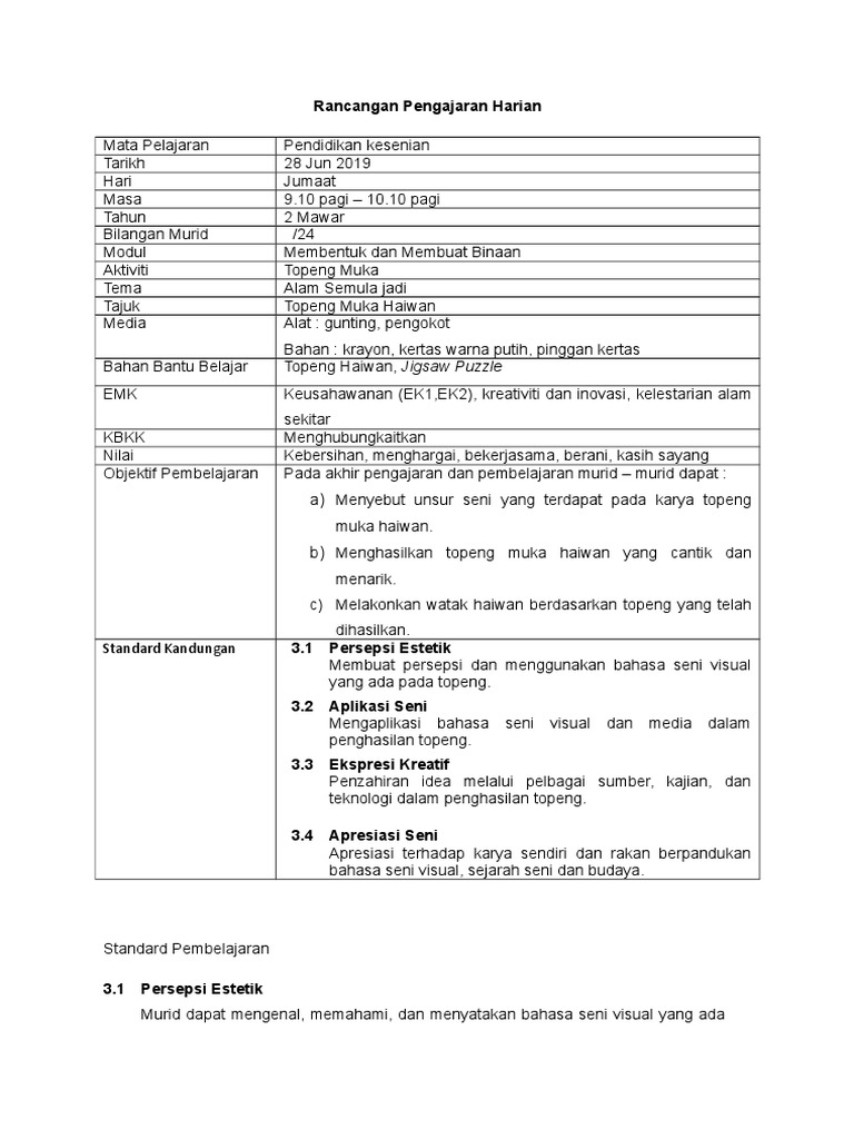 Rph Topeng Muka Haiwan Pendidikan Kesenian Tahun 2 Pdf