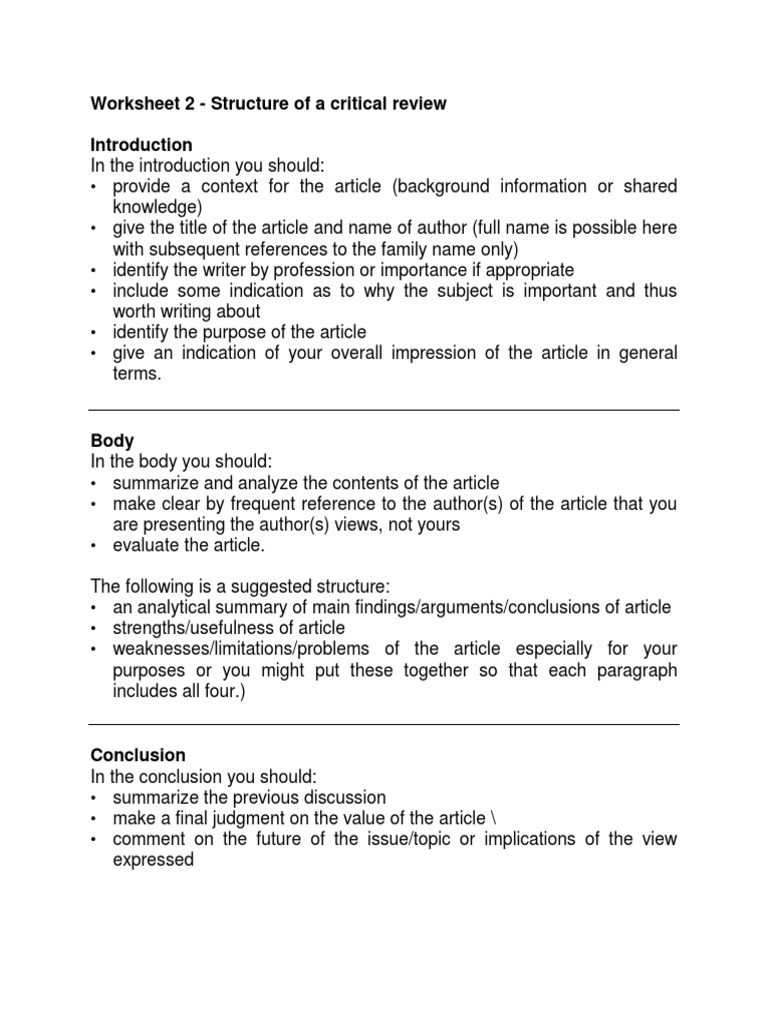 Critical Review Structure Worksheet | PDF