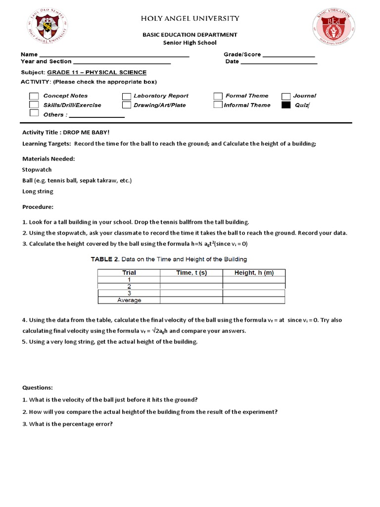 Drop Me Baby! Physics Experiment | PDF | Teaching Methods & Materials