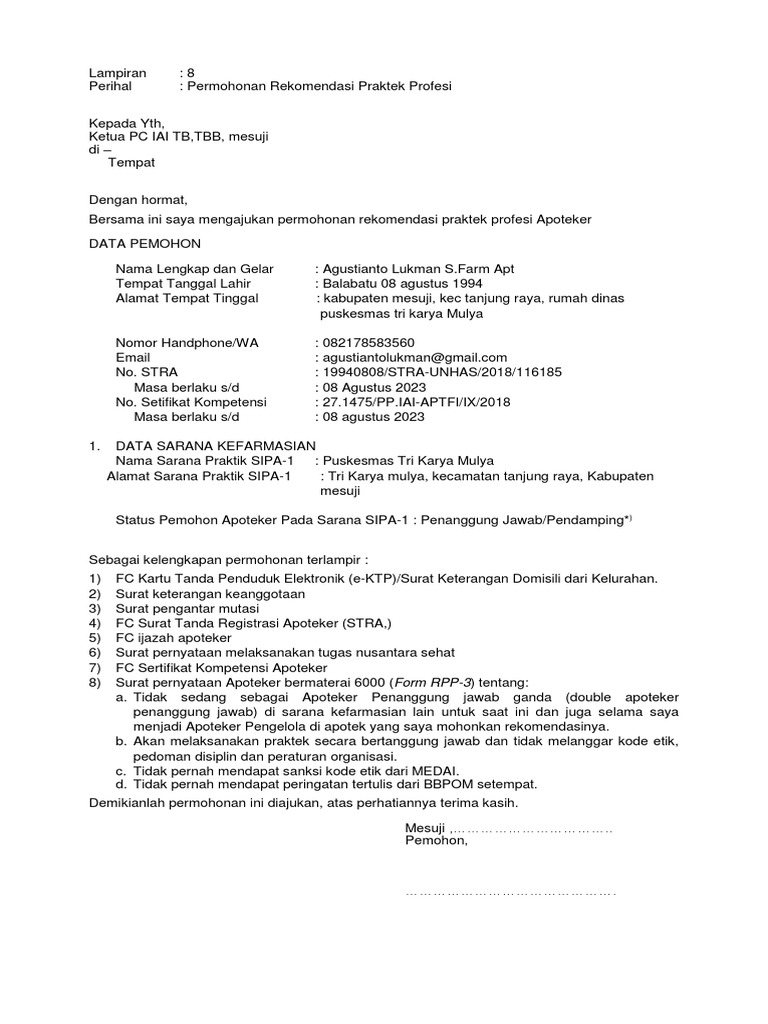 Form Surat Permohonan Rekomendasi Perpanjang SIPA | PDF